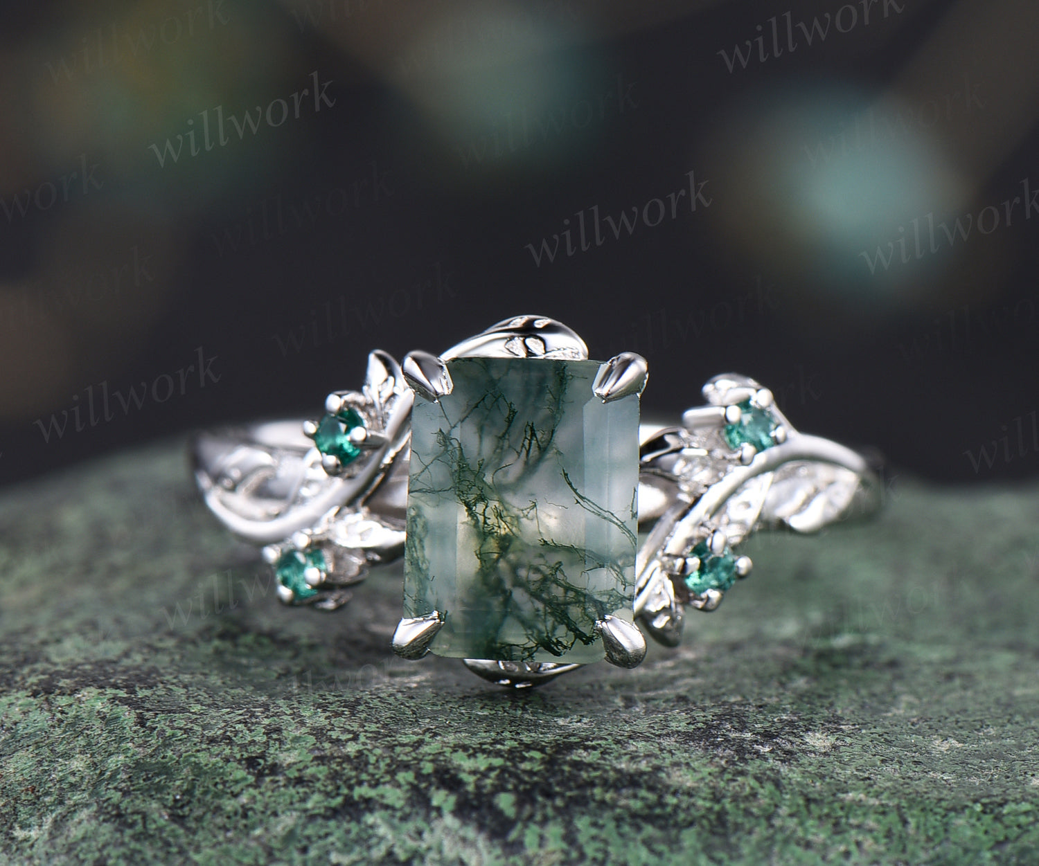 Green moss agate engagement ring unique emerald cut moss agate emerald ...