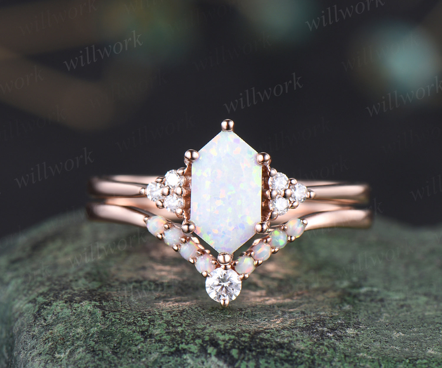 Elongated hexagon shape opal ring set unique white opal engagement rin ...