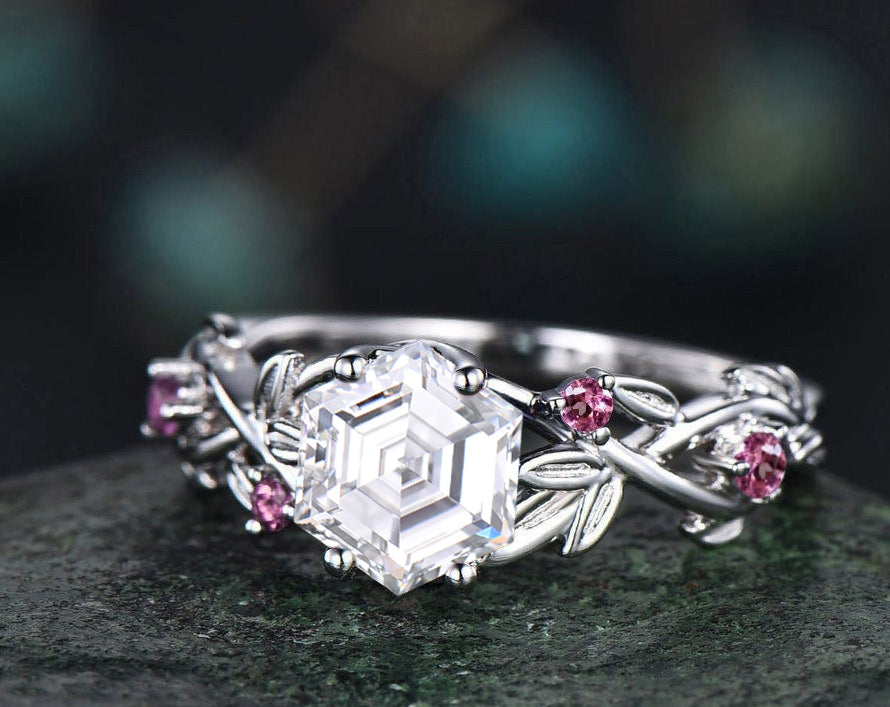 Unique hexagon shape moissanite engagement ring twig leaf natural amet ...