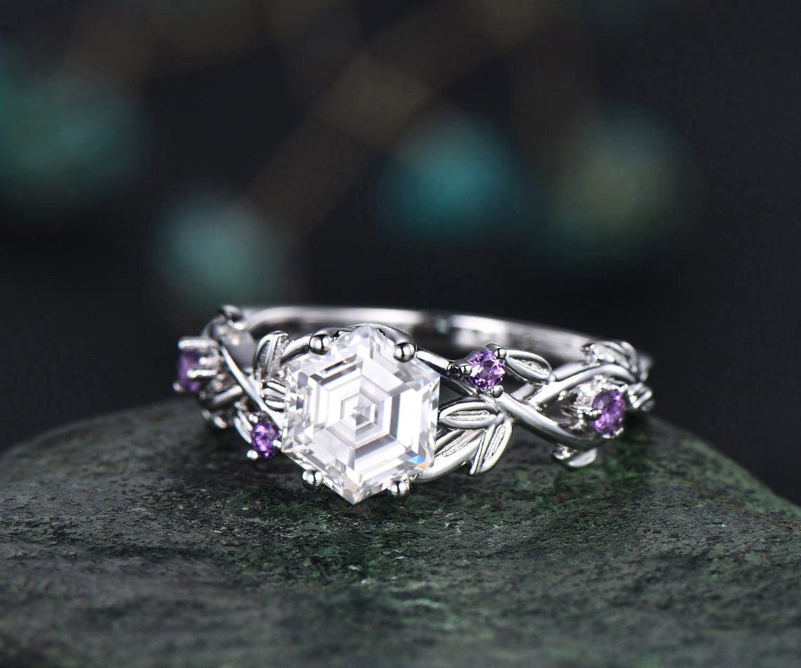 Unique hexagon shape moissanite engagement ring twig leaf natural amet ...