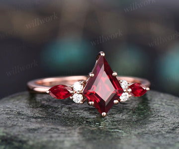 Kite cut red ruby engagement ring art deco rose gold moissanite ring m ...