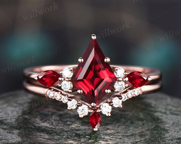 Kite cut red ruby engagement ring art deco rose gold moissanite ring m ...