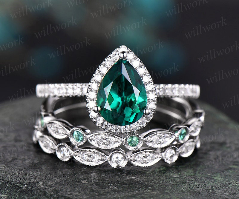 3pcs emerald engagement ring set white gold vintage natural emerald ri ...