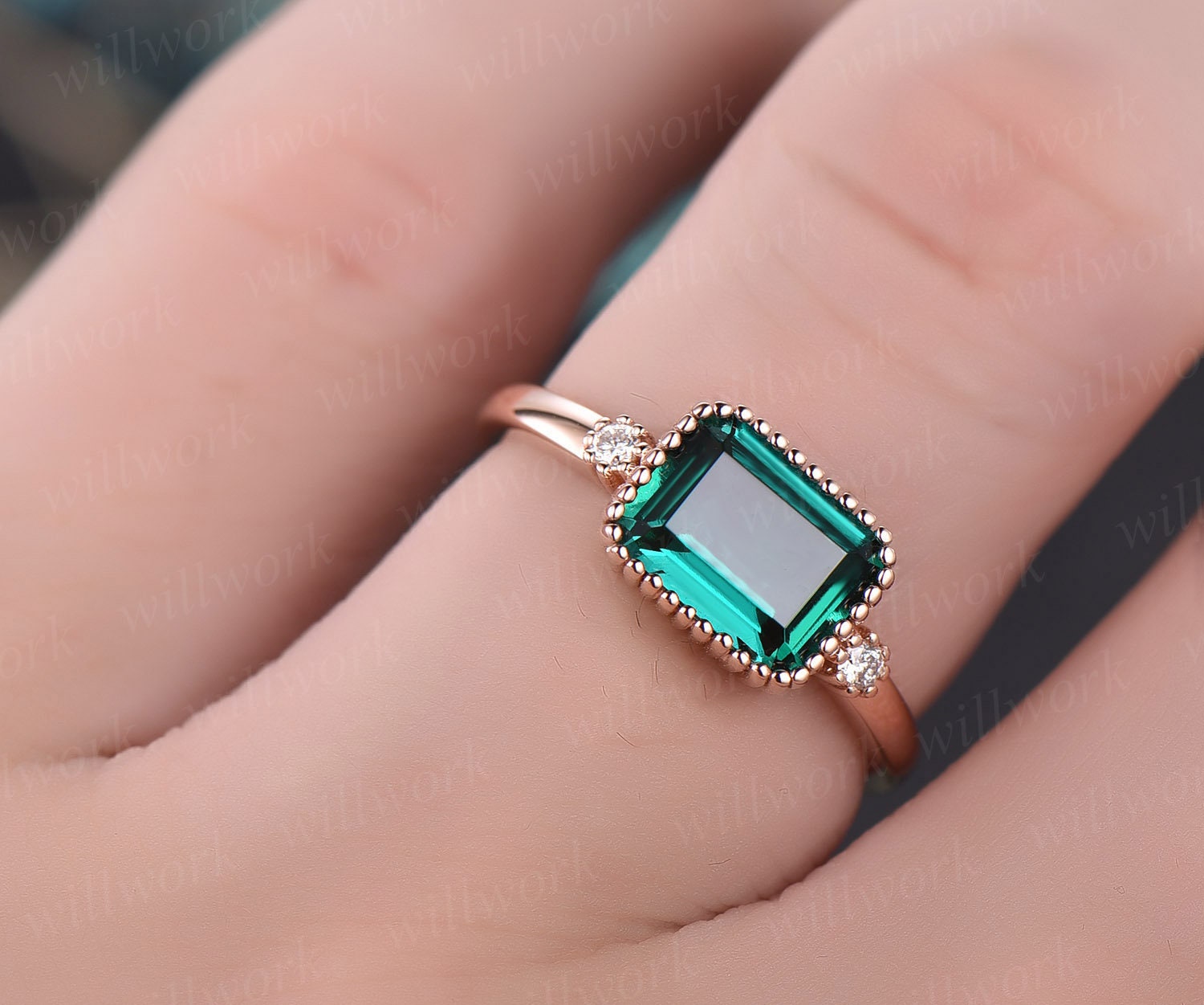 Rose Gold Ring Green Emerald Ring Vintage Three Stone Ring Emerald Engagement Ring Real Diamond Ring Emerald Cut Antique May Birthstone Ring 18K Rose