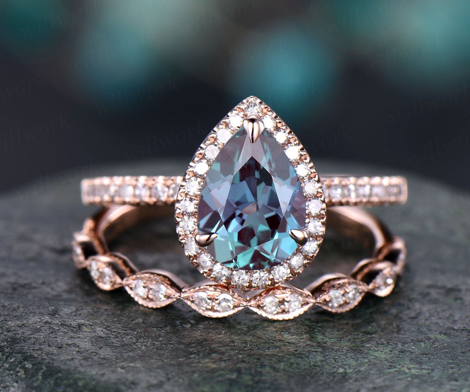 Pear shaped Alexandrite bridal ring set vintage unique Alexandrite eng ...