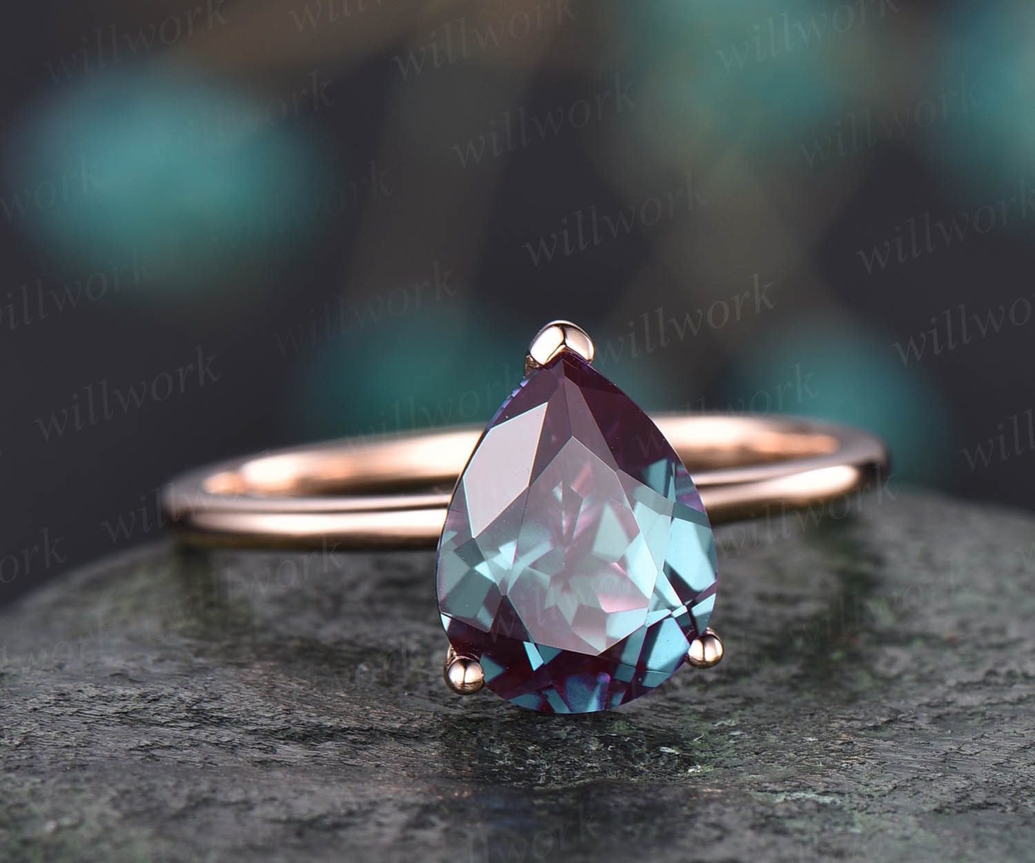 7x9mm pear Alexandrite solitaire ring solid rose gold ring Alexandrite ...