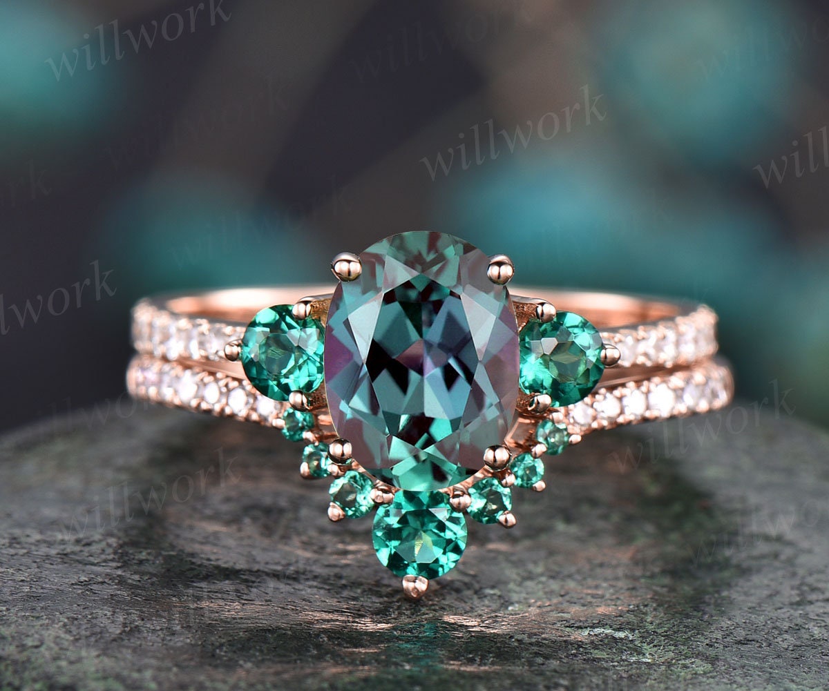 Oval alexandrite bridal set vintage alexandrite engagement ring set em ...