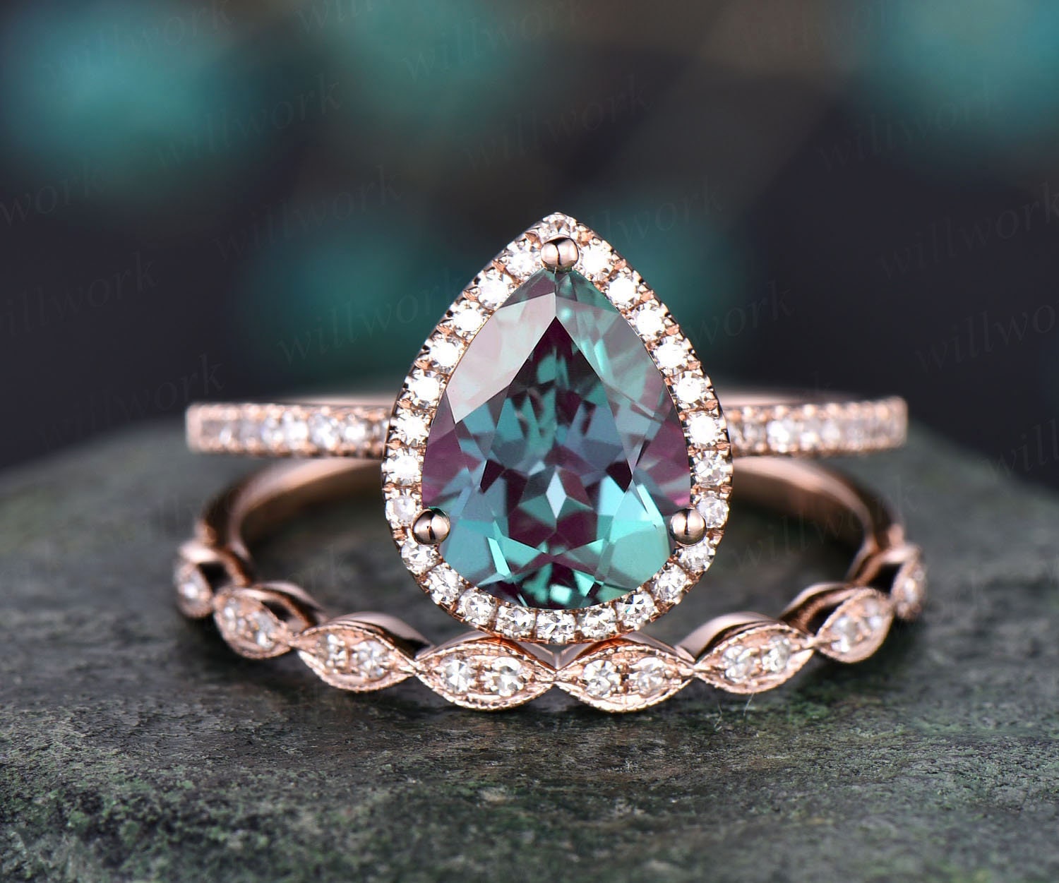 7x9mm pear Alexandrite wedding set vintage Alexandrite engagement ring ...