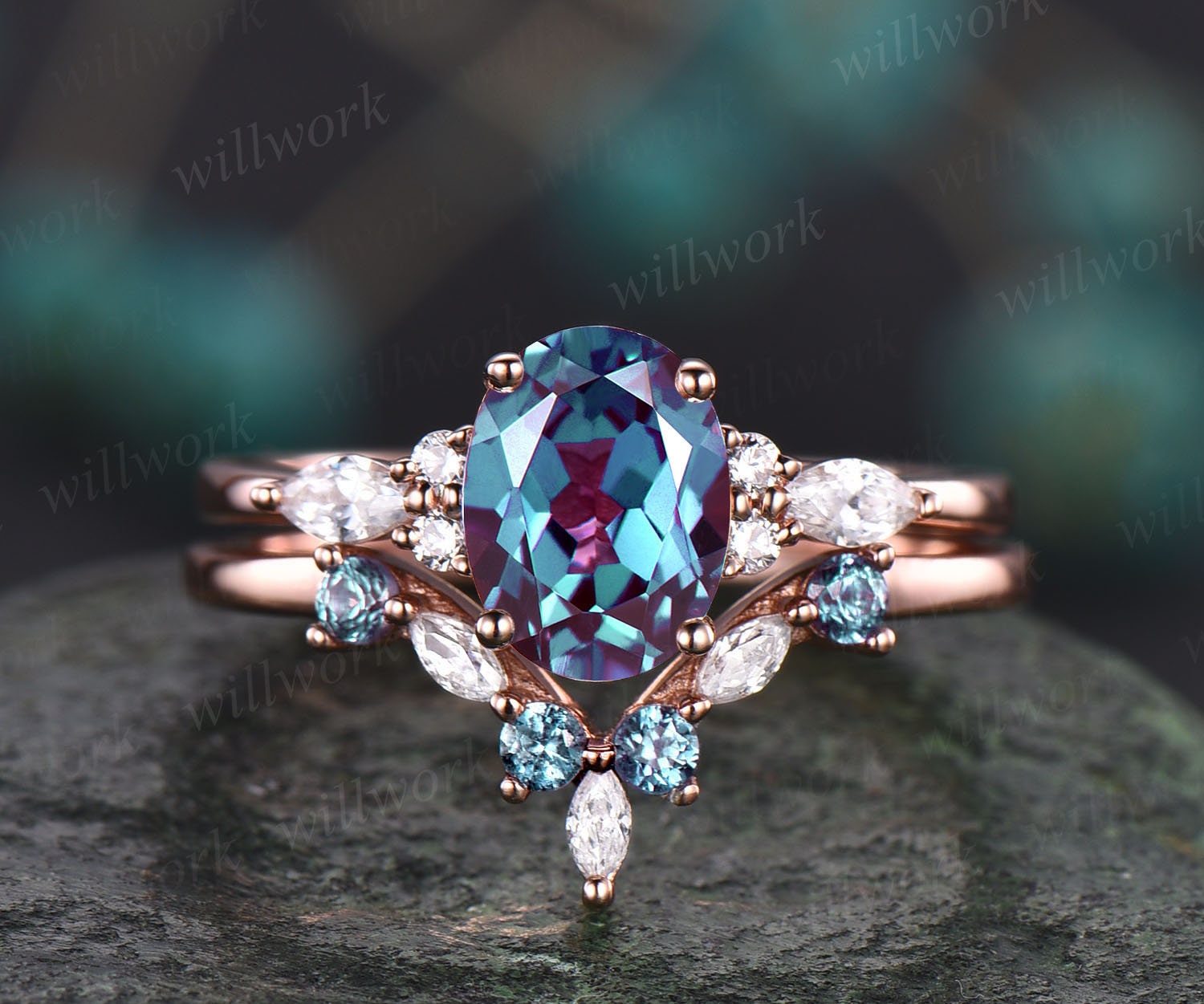 Unique Engagement Ring Set Oval Cut Alexandrite Engagement Ring Set Vintage Rose Gold Ring Set Cluster Marquise Ring Moissanite Ring Set 1PC