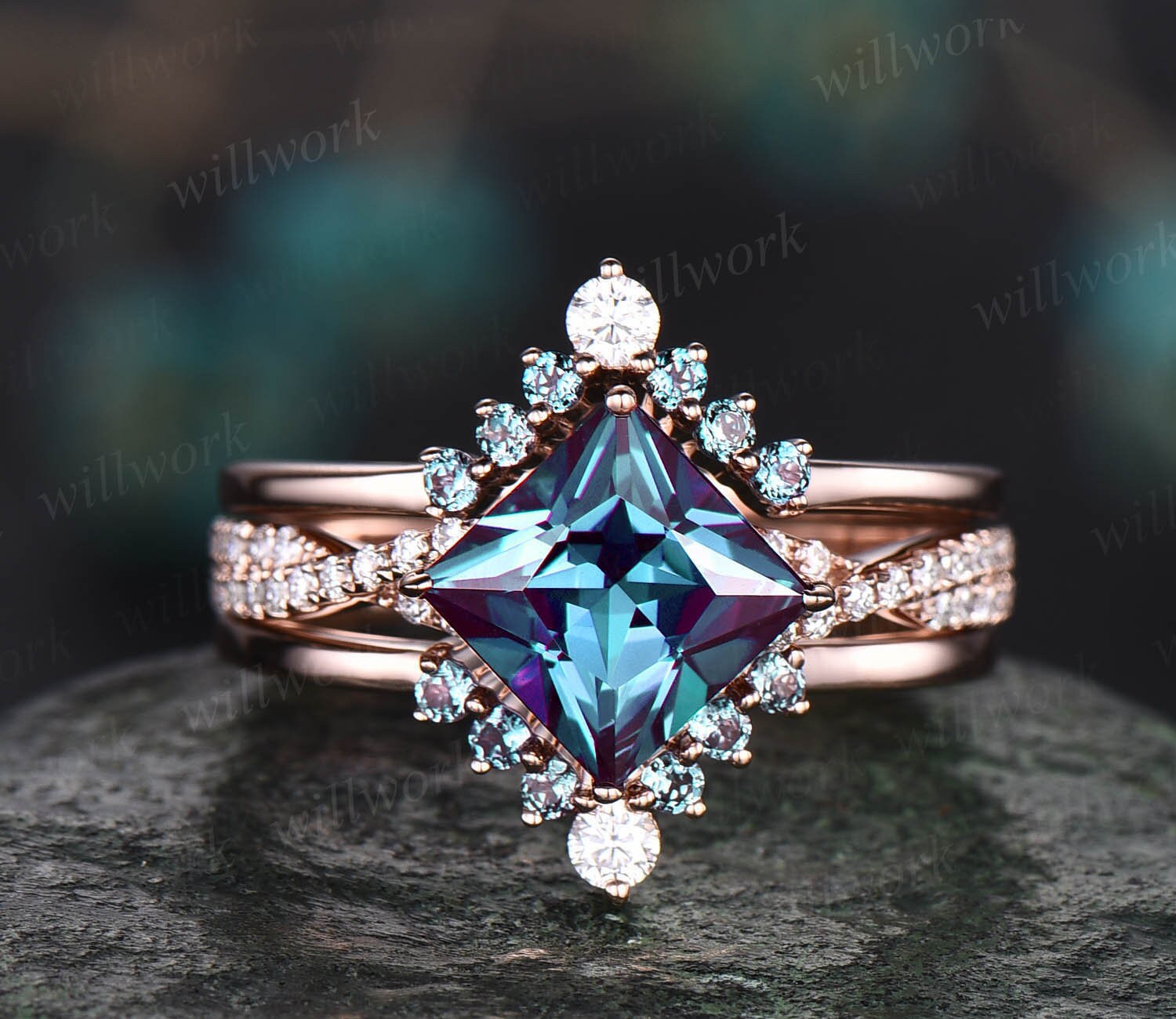 3pcs Alexandrite bridal set princess cut Alexandrite engagement ring s ...