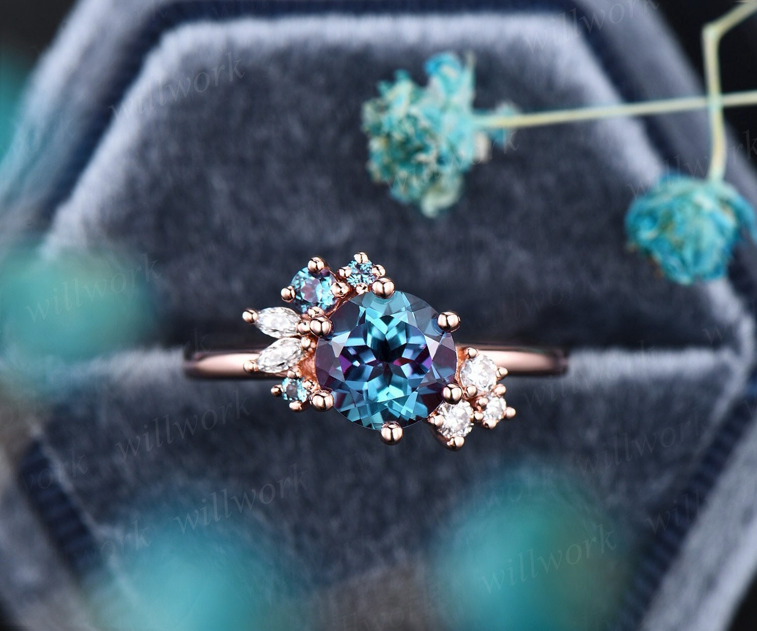 Round cut Alexandrite ring vintage cluster Alexandrite engagement ring ...