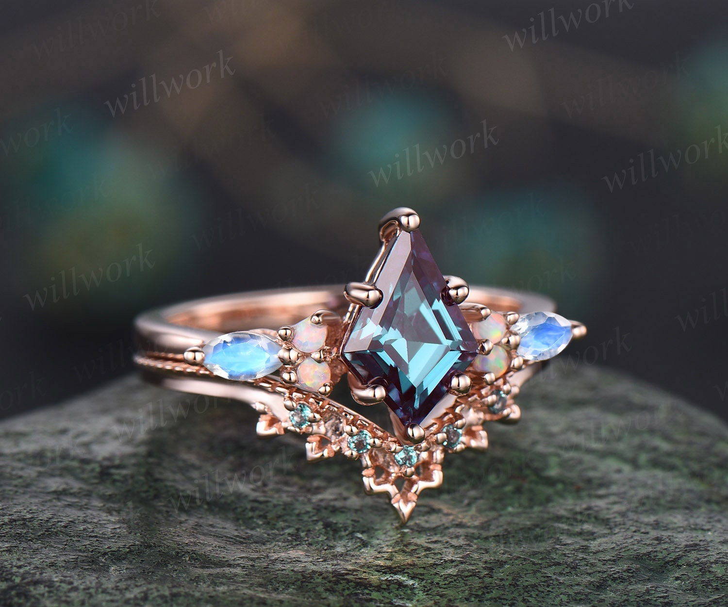 Vintage kite cut Alexandrite engagement ring set 14k rose gold marquis ...