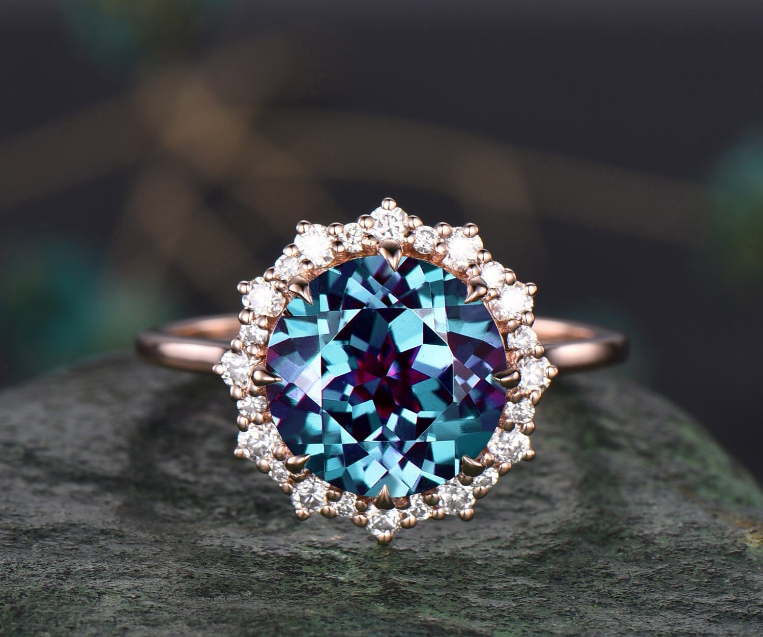 4ct round cut Alexandrite engagement ring solid 14k rose gold snowdrif ...
