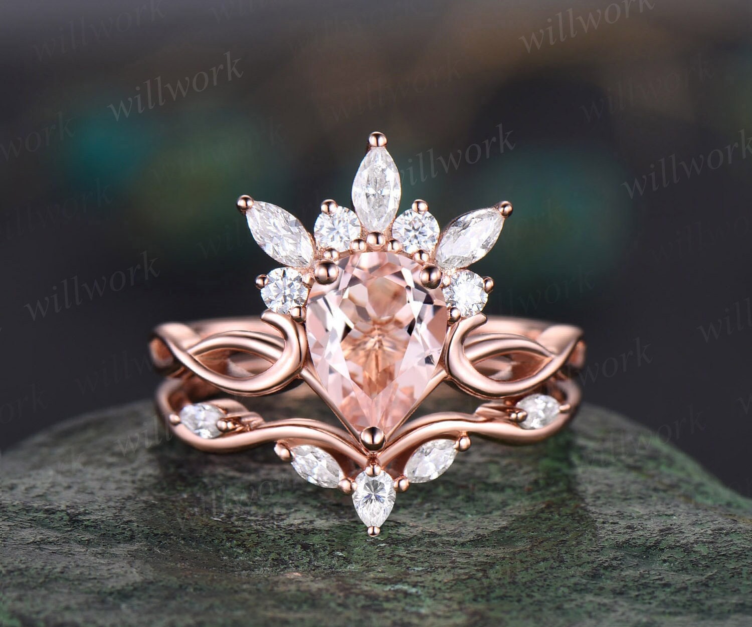 Morganite ring vintage pear shaped Morganite engagement ring set clust ...