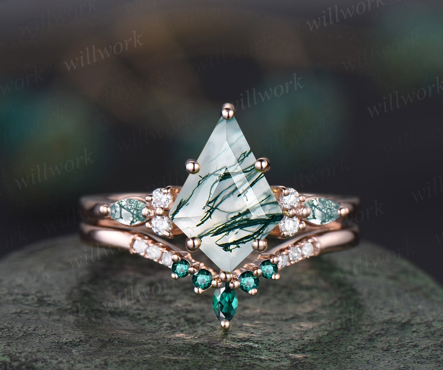 8x11mm kite cut green moss agate ring solid 14k rose gold moss agate e ...