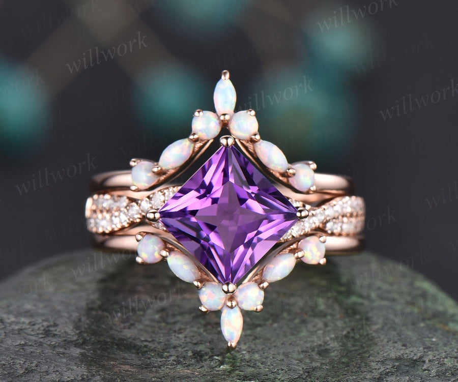 Princess cut purple amethyst ring vintage amethyst engagement ring set ...