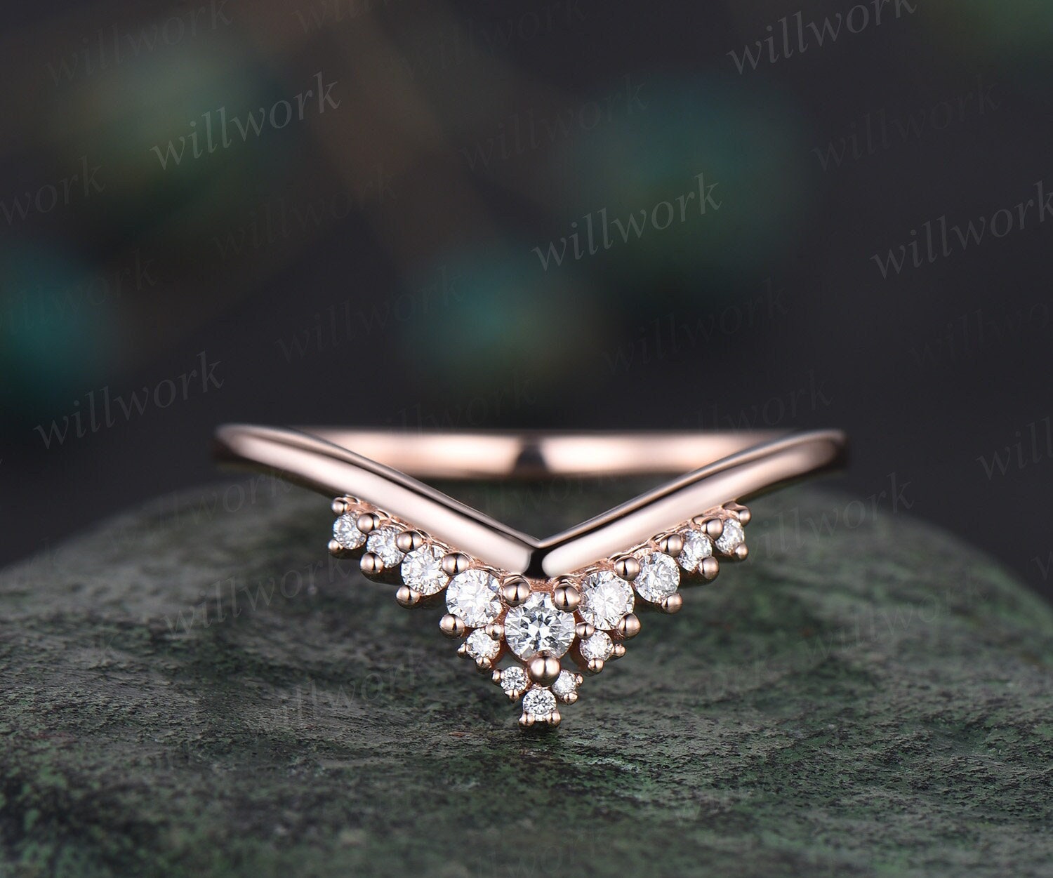 Curved snowdrift diamond wedding band solid 14k rose gold Minimalist m ...