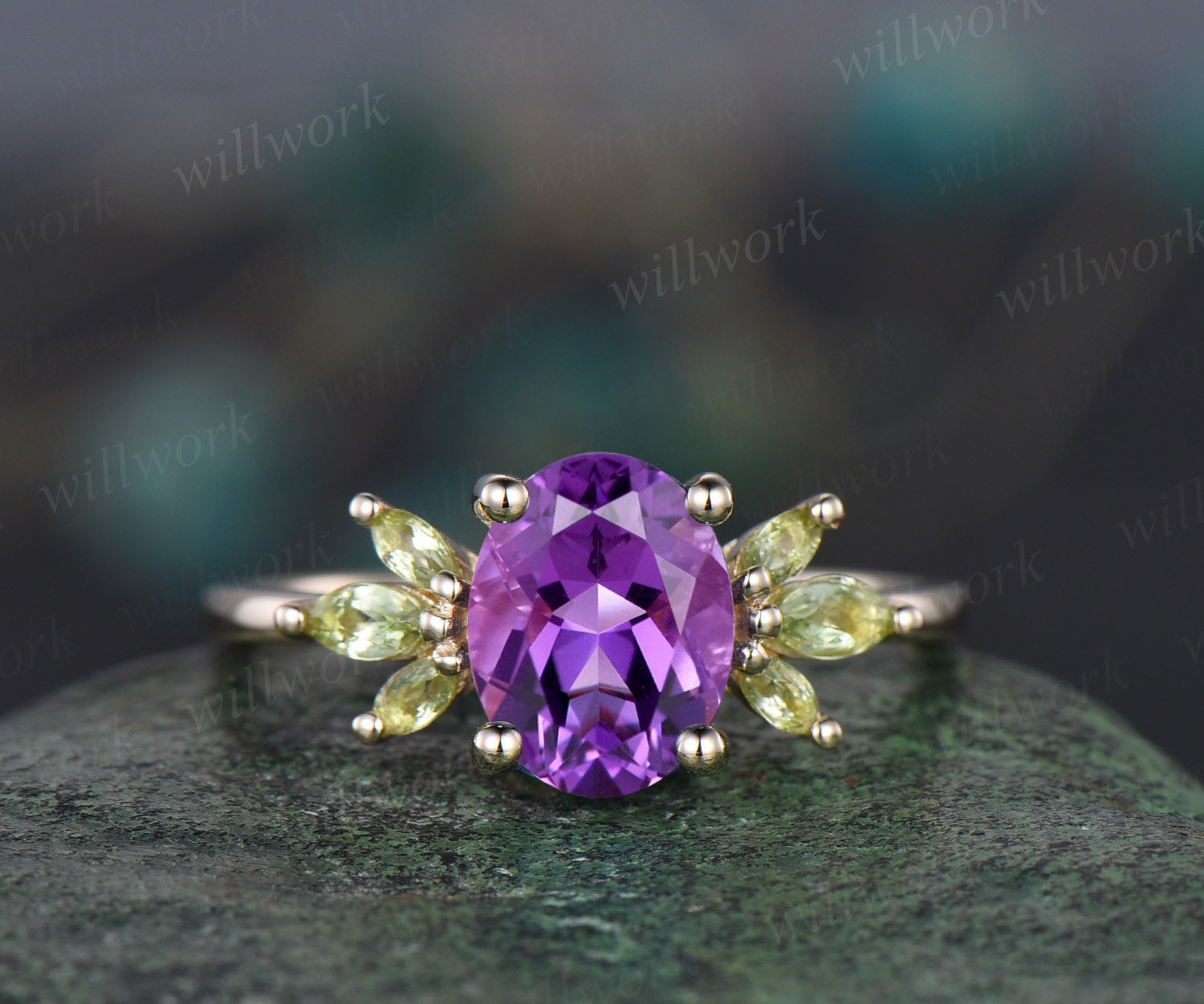 2ct oval purple amethyst ring vintage marquise peridot ring yellow gol ...