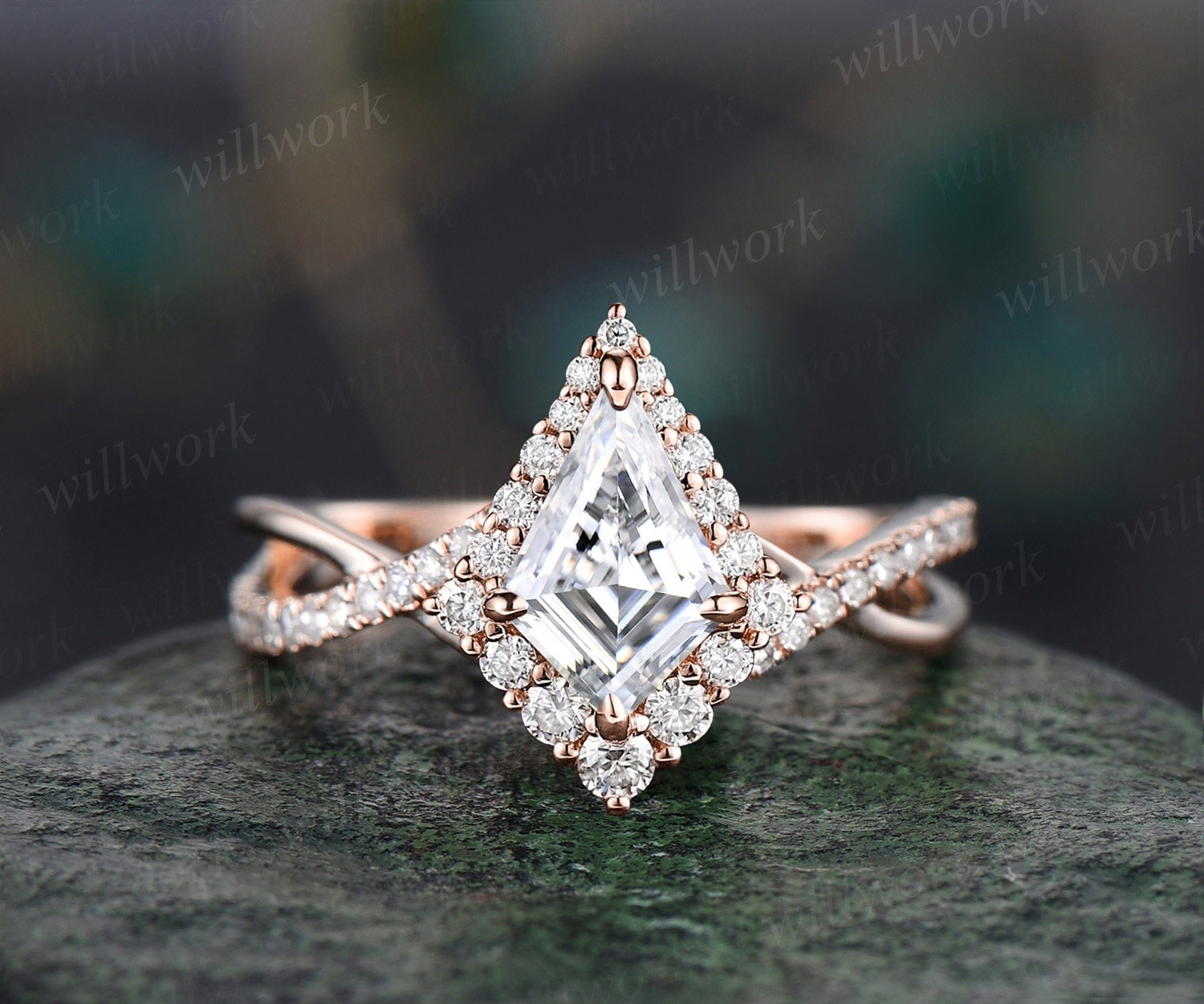 Vintage kite cut moissanite engagement ring solid 14k rose gold eterni ...