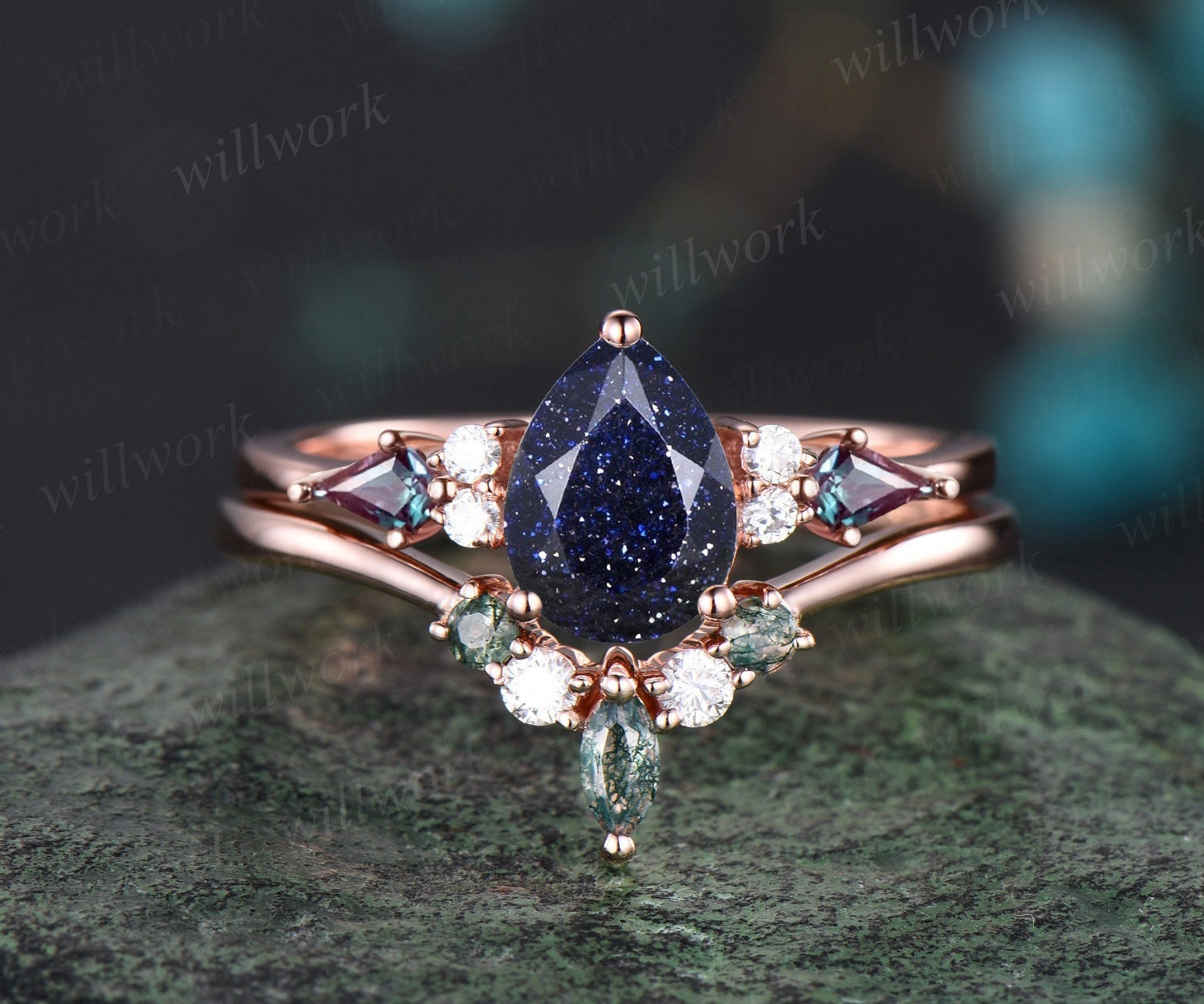 Pear blue sandstone ring vintage kite alexandrite ring 14k rose gold u ...