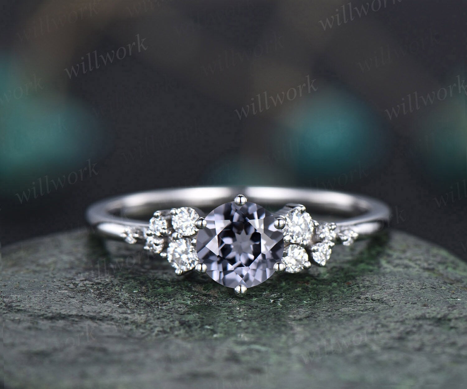 Dainty round cut gray spinel ring rose gold unique snowdrift engagemen ...